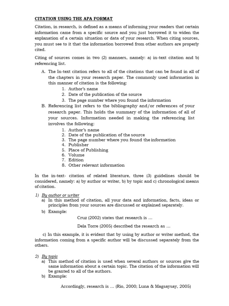 CITATION USING THE APA FORMAT | PDF | Citation | Apa Style