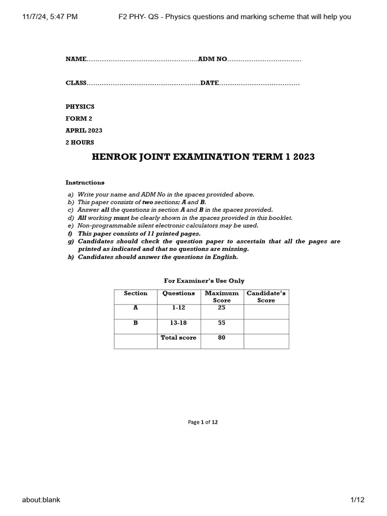 F2 PHY - QS - Physics Questions and Marking Scheme That Will Help You | PDF | Applied And ...