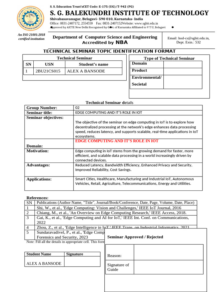 Seminar Topic Identification Format | PDF | Internet Of Things | Information Technology