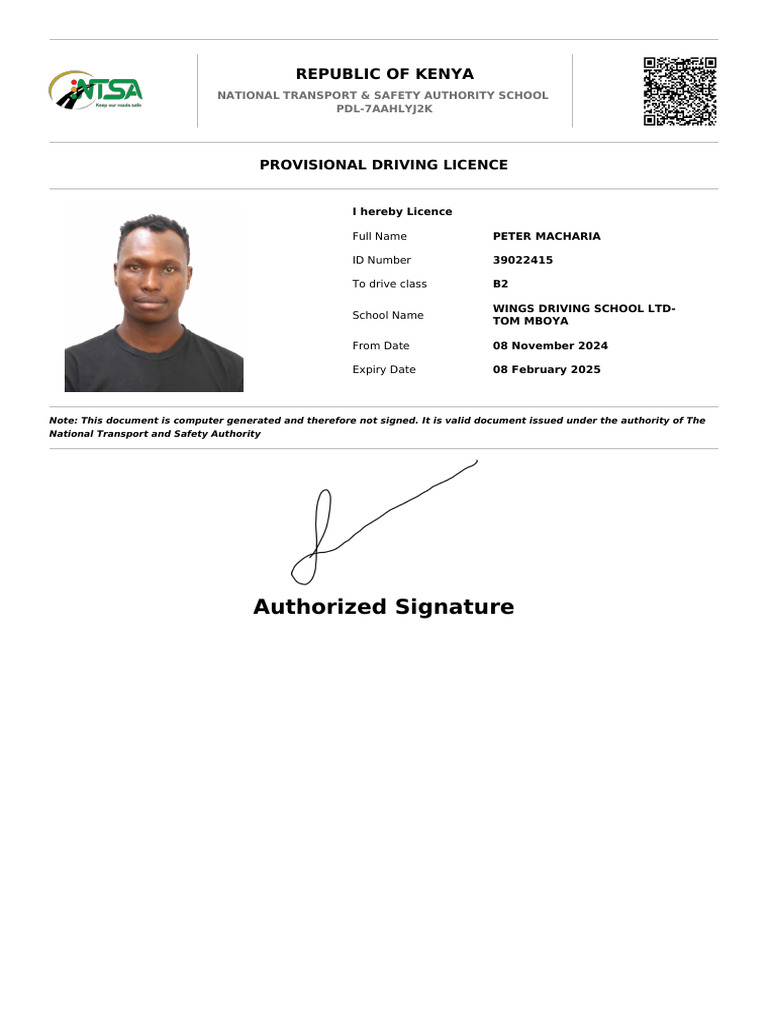 Kenya Provisional Driving Licence for Peter Macharia | PDF