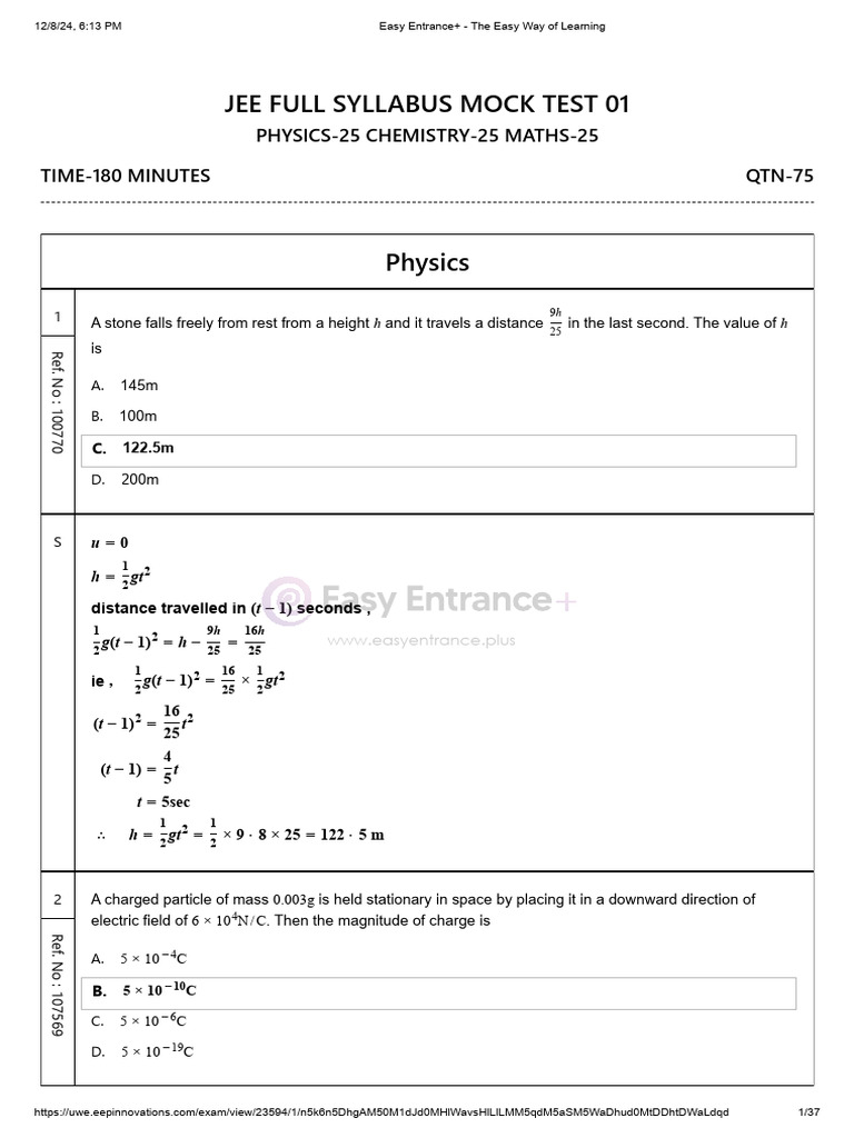 Jee Full Syllabus Mock Test 01 | PDF | Neutron | Proton