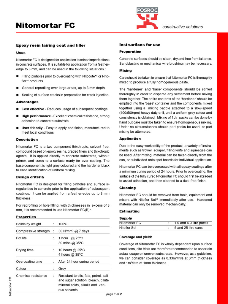 TDS Nitomortar FC India7 | PDF | Concrete | Epoxy