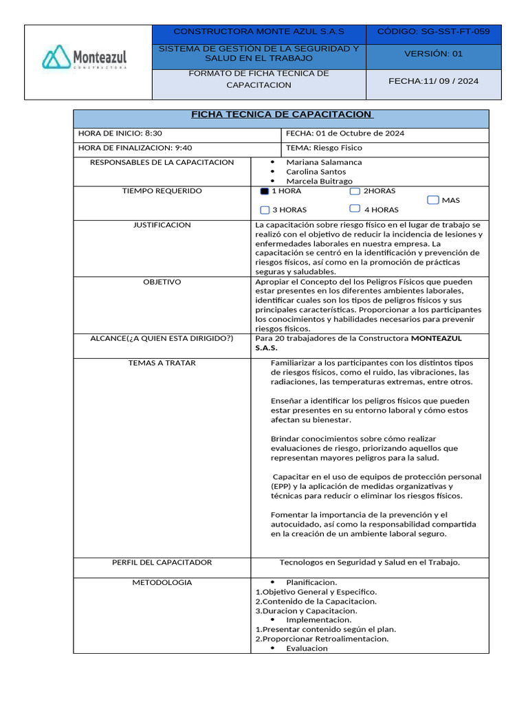 Sg-Sst-Fr-059-Ficha Tecnica de Capacitacion | PDF