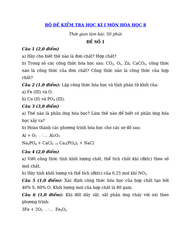 bộ đề hóa 8 GK1 | PDF