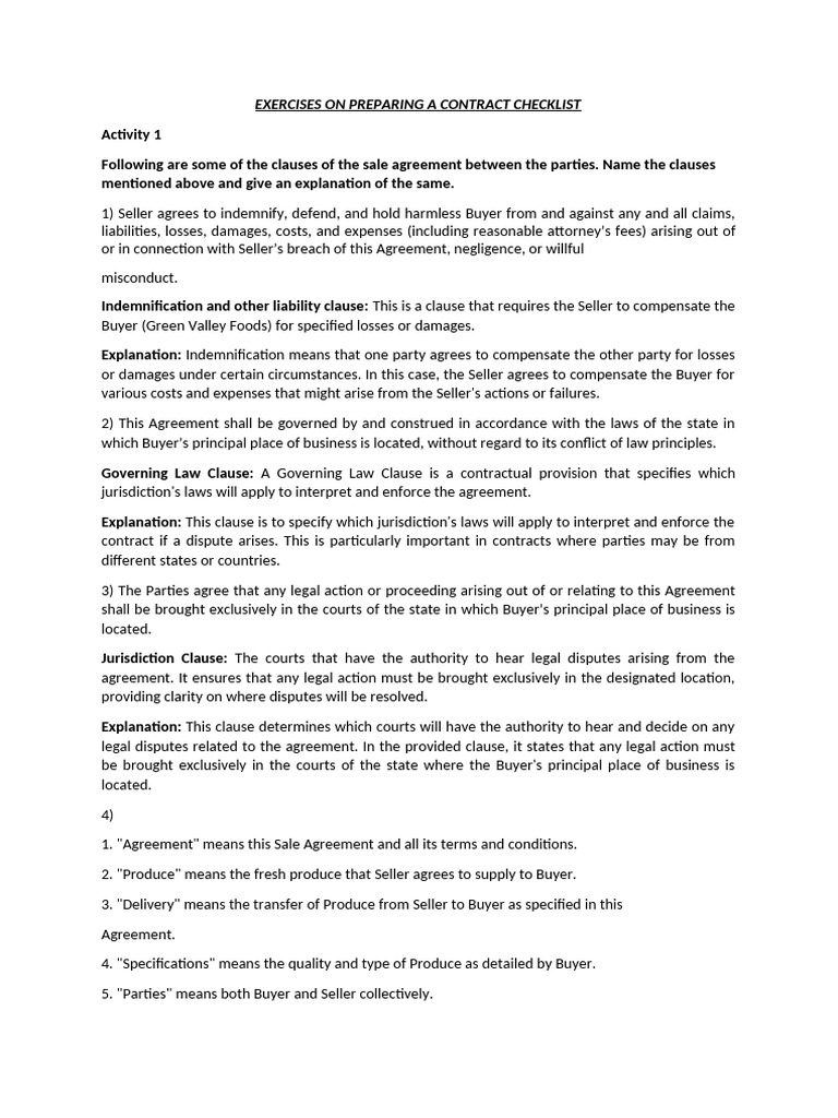 Assignment 1 - Exercises On Preparing A Contract Checklist | PDF ...