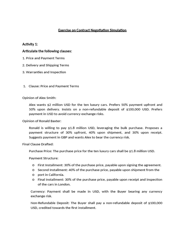 Assignment 4 - Exercise on Contract Negotiation Simulation | PDF ...