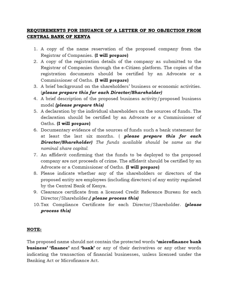 Central Bank of Kenya No Objection Letter Requirements | PDF
