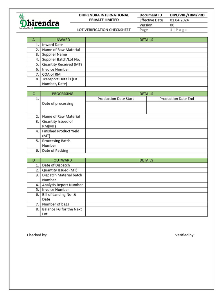 Lot Verification - Checksheet | PDF