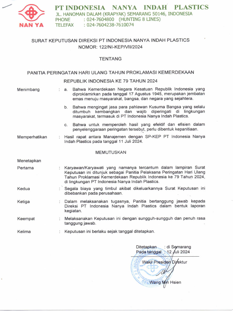 SK Direksi Panitia Hut Ri 79 2024 | PDF