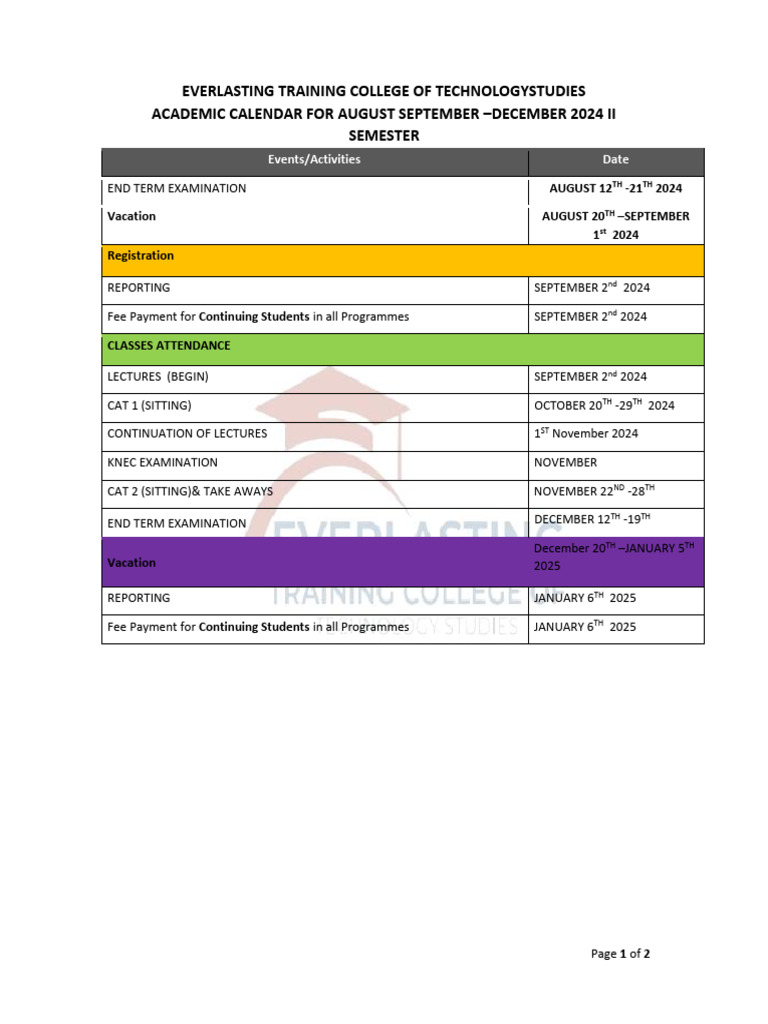 Ettc Revised Academic Calendar | PDF