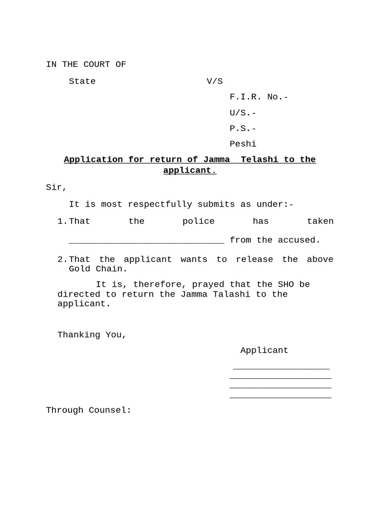 Application for Return of Jamma Telashi | PDF