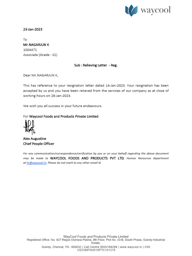 Waycool Relieving Letter Male 07072022 v2 | PDF