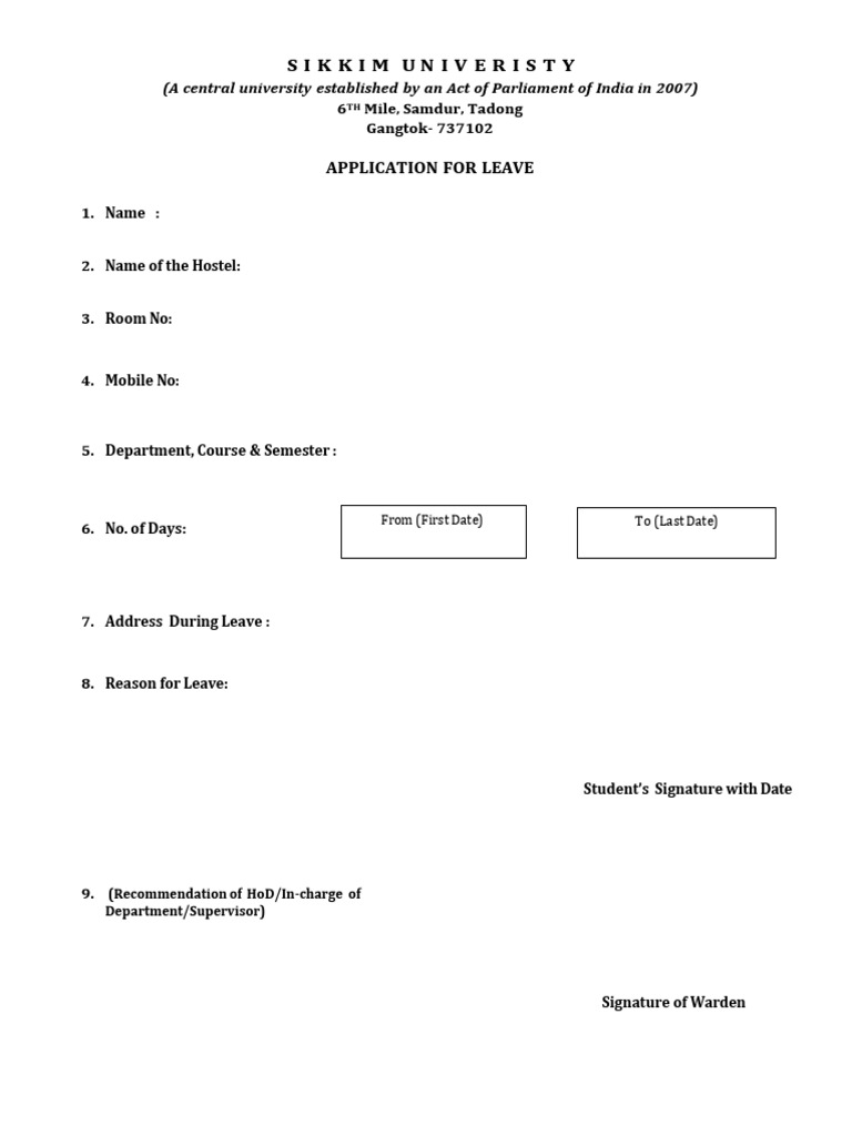 Leave Application - DZB Hostel | PDF