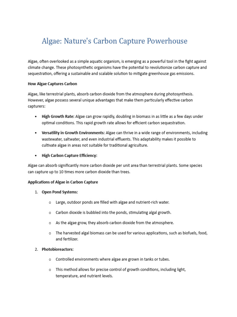 Algae - Nature's Carbon Capture Powerhouse | PDF | Carbon Sequestration | Algae Fuel