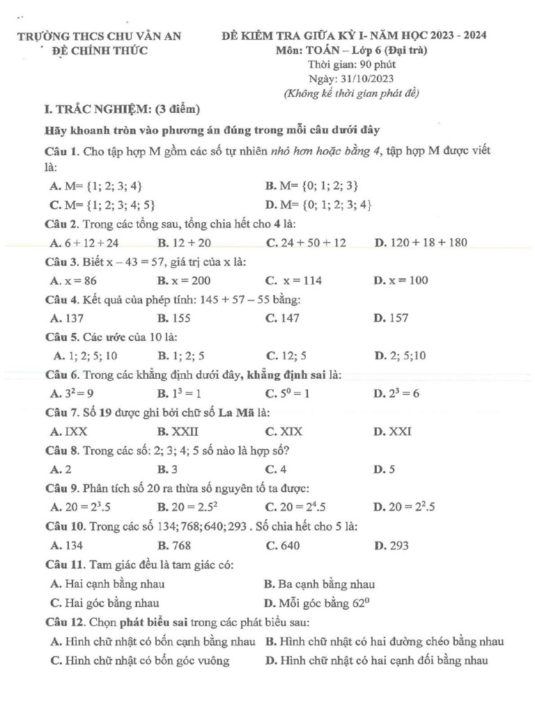 De Giua Hoc Ky 1 Toan 6 Nam 2023 2024 Truong Thcs Chu Van An Binh Duong Pages | PDF