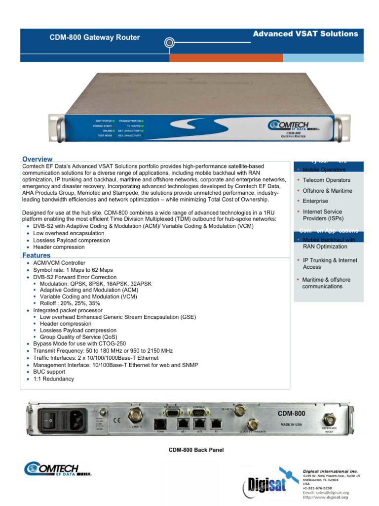 Comtech CDM 800 VSAT Router | PDF | Computer Network | Router (Computing)