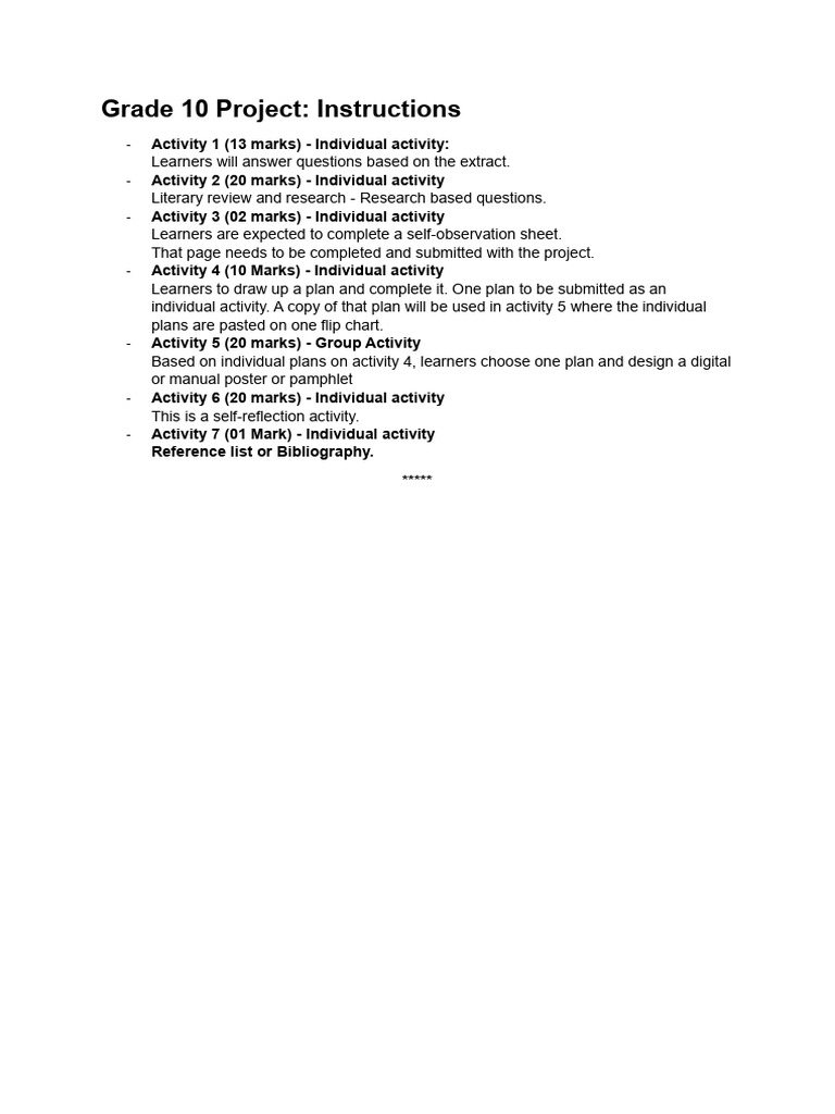 Grade 10 Project Instructions, July 2024,, | PDF