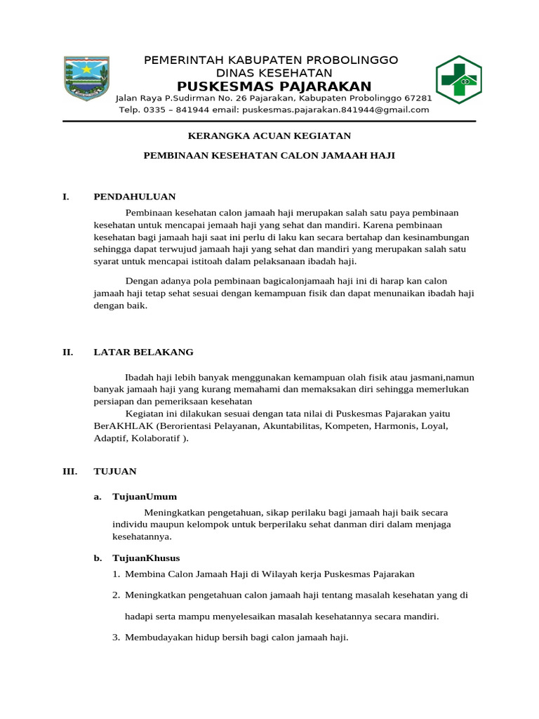 KAK Pembinaan Kesehatan Haji Fik | PDF