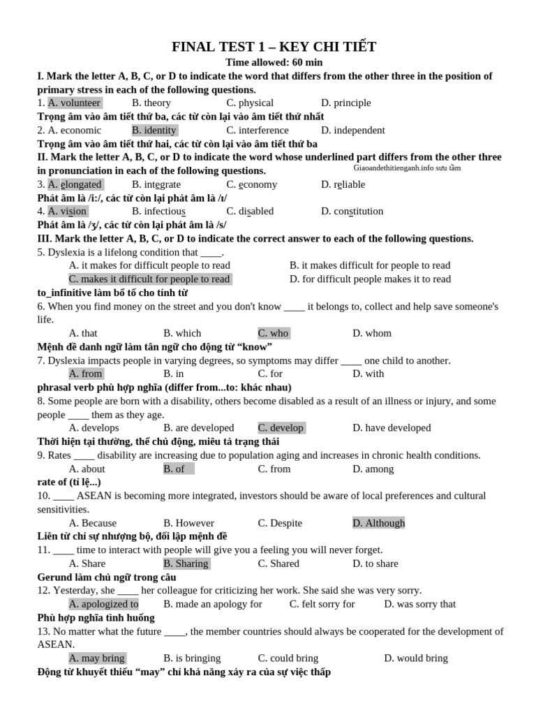 Kì 1 FINAL TEST 1 - KEY chi tiết | PDF