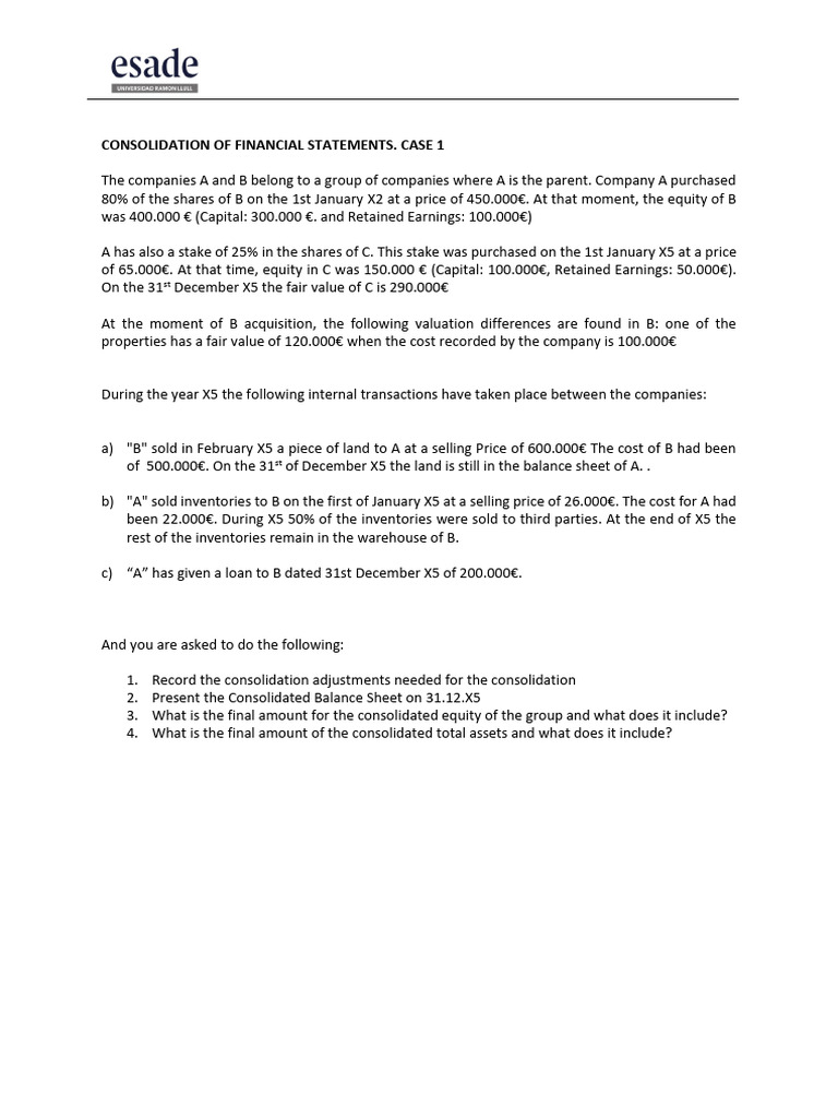 Consolidation Case 1 24 25 | PDF | Equity (Finance) | Balance Sheet