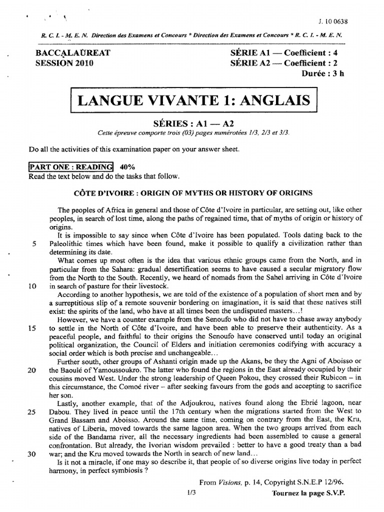 Bac A1 A2 Angl 2010 | PDF