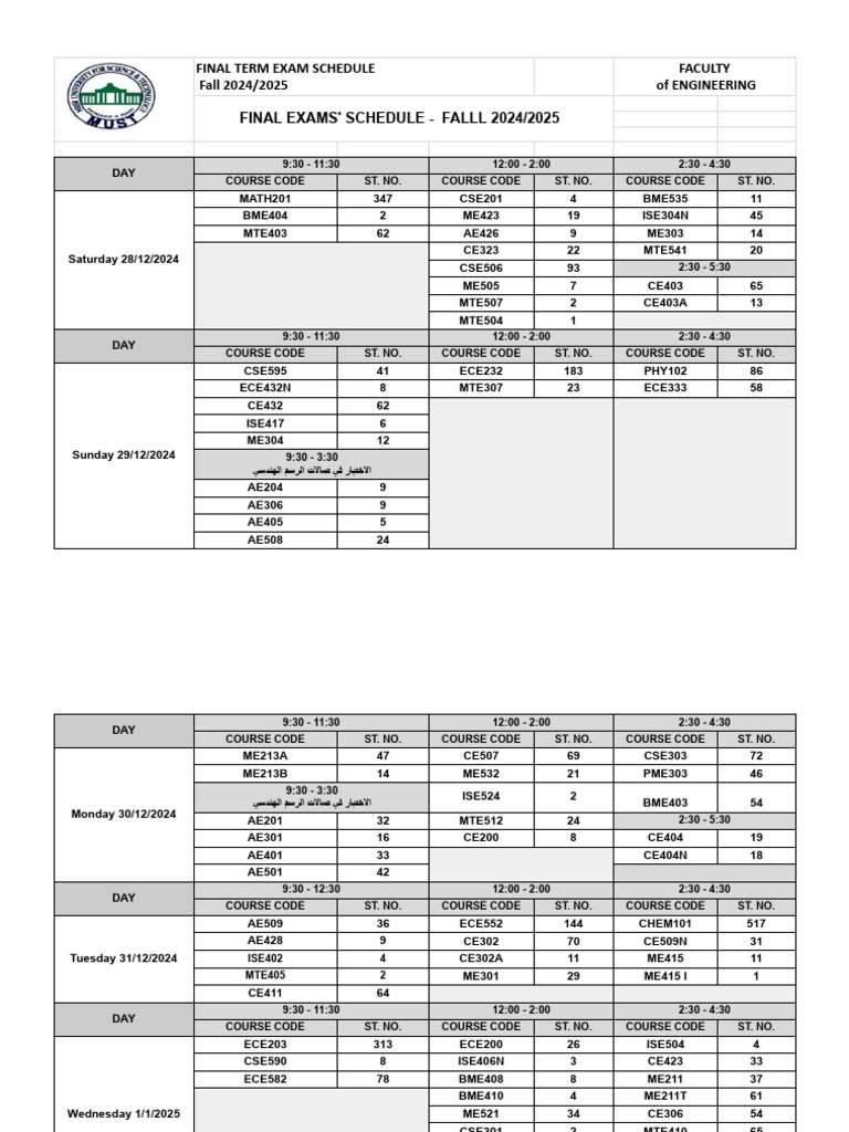Final Exams - Time Table - Fall2024-2025 | PDF