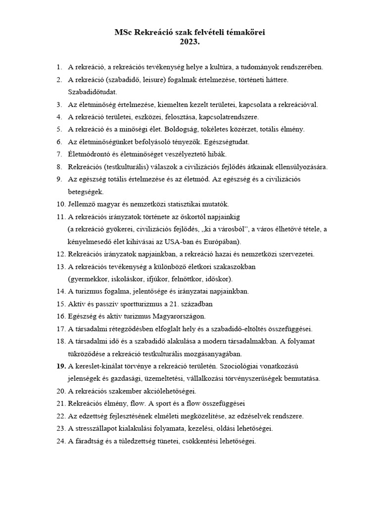 MSC Rekreáció - Felvételi Vizsga Témakörök Ajánlott Irodalom | PDF