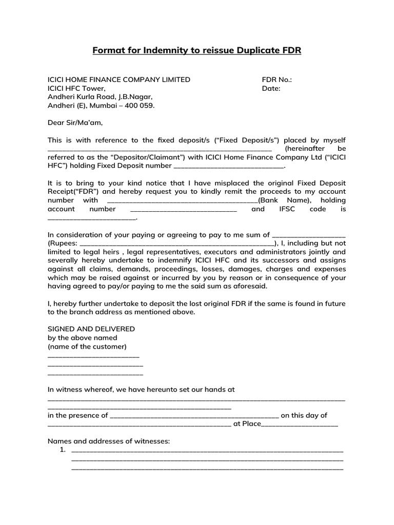 Indemnity Letter to Reissue Duplicate FDR-ICICI | PDF | Indemnity | Banking