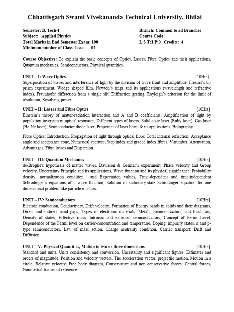 Applied Physics Syllabus Effective From 2024 25 Session | PDF | Diffraction | Waves