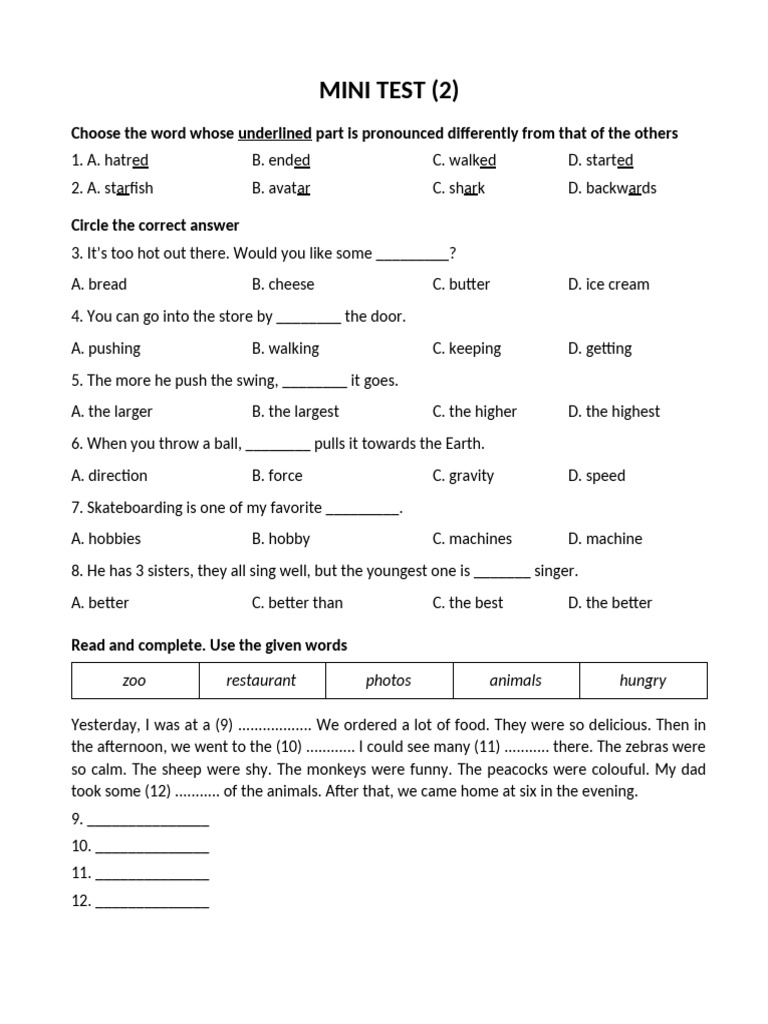 Mini Test: Vocabulary and Grammar Exercises | PDF