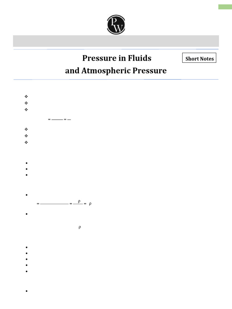 Pressure in Fluid and Atmospheric Pressure : Short Notes (Only PDF ...