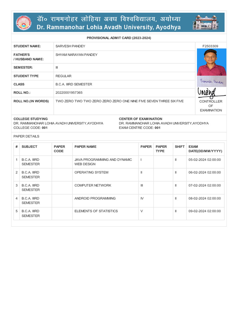 SARVESH PANDEY_admitcard_2_5_2024 (1) | PDF SARVESH PANDEY_admitcard_2_5_2024 (1) | PDF
