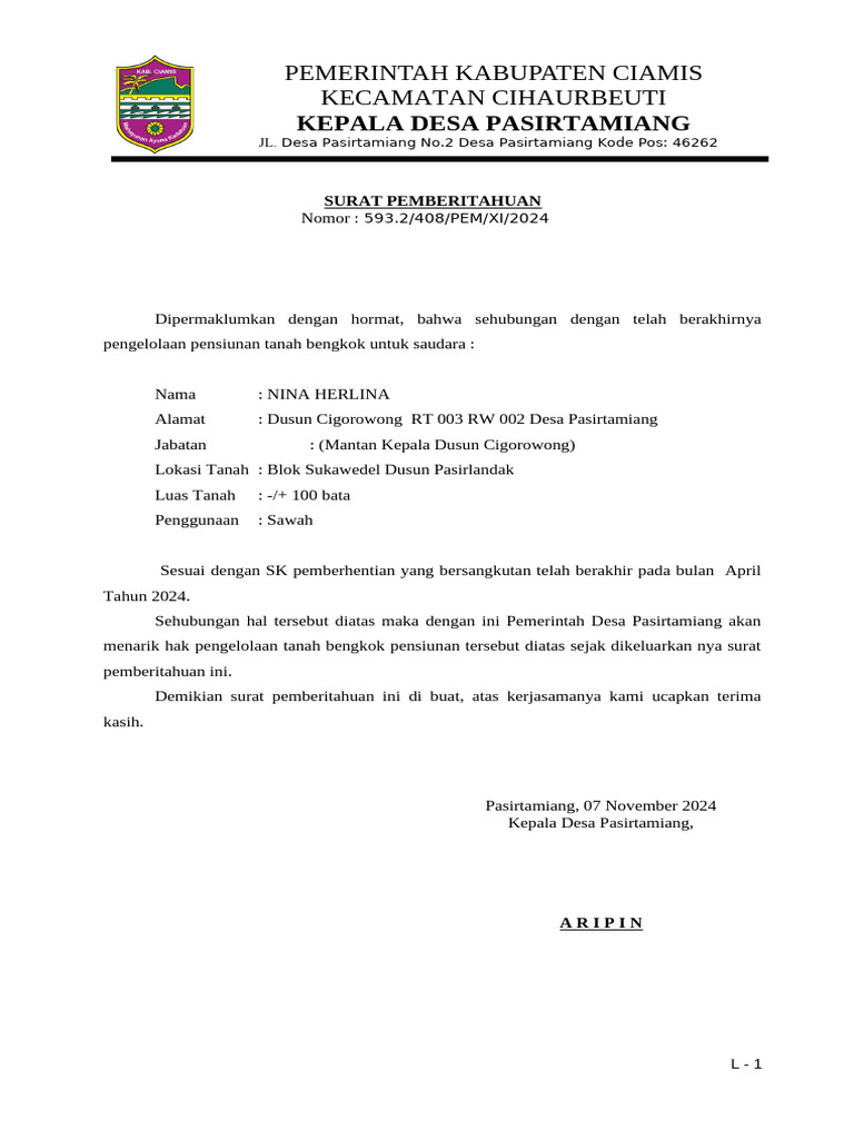 Surat Pemberitahuan Pengambilan Bengkok | PDF