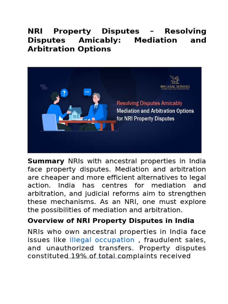 NRI Property Disputes – Resolving Disputes Amicably: Mediation and ...