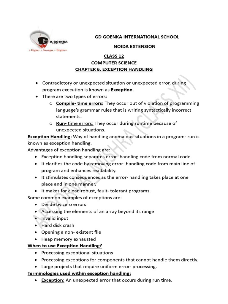 Chapter 6 Exception Handling Pdf Python Programming Language Computer Engineering