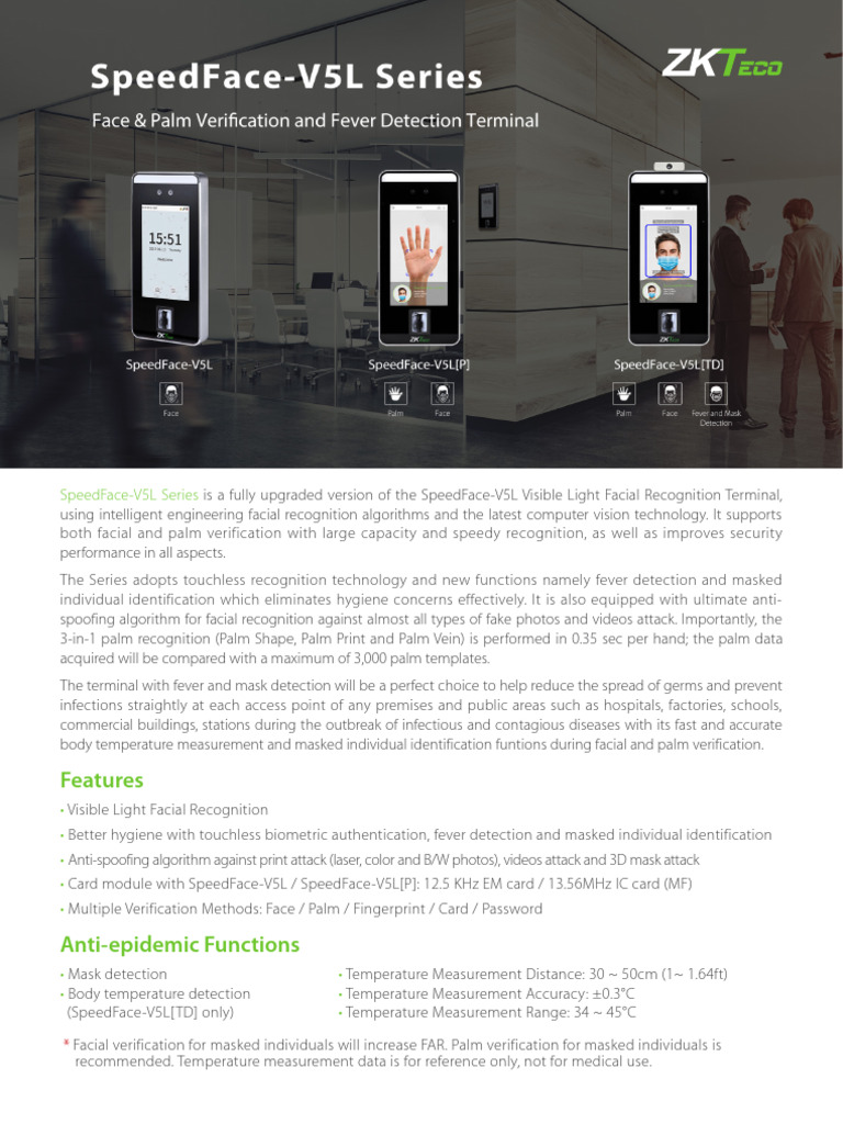 Speedface v5l Series Datasheet | PDF | Biometrics | Computer Science