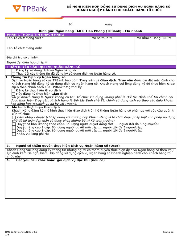 De Nghi Kiem Hop Dong Su Dung Dich Vu Ngan Hang So Doanh Nghiep Danh Cho KHTC Tieng Viet | PDF