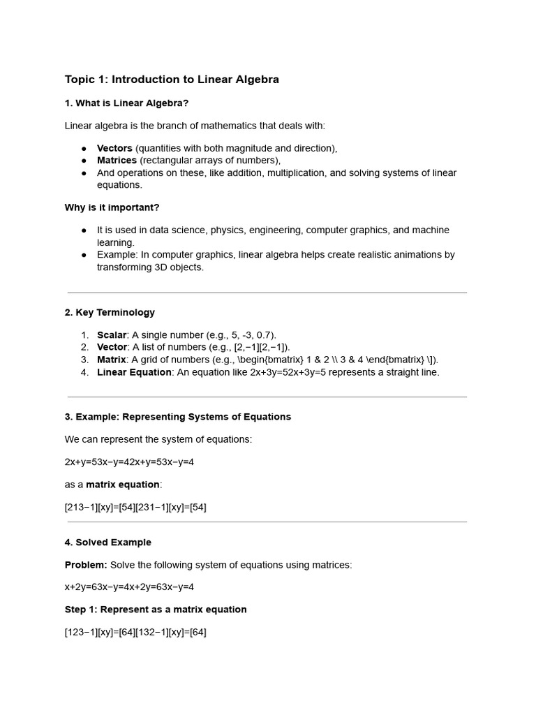 Topic 1 Introduction To Linear Algebra | PDF
