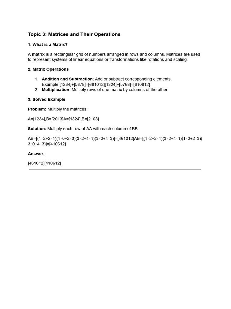 Topic 3 Matrices and Their Operations | PDF