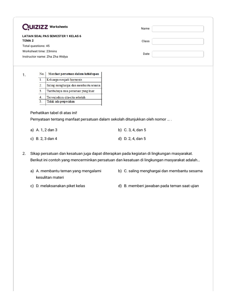 LATIAN SOAL PAS SEMESTER 1 KELAS 6 TEMA 2 _ Quizizz | PDF