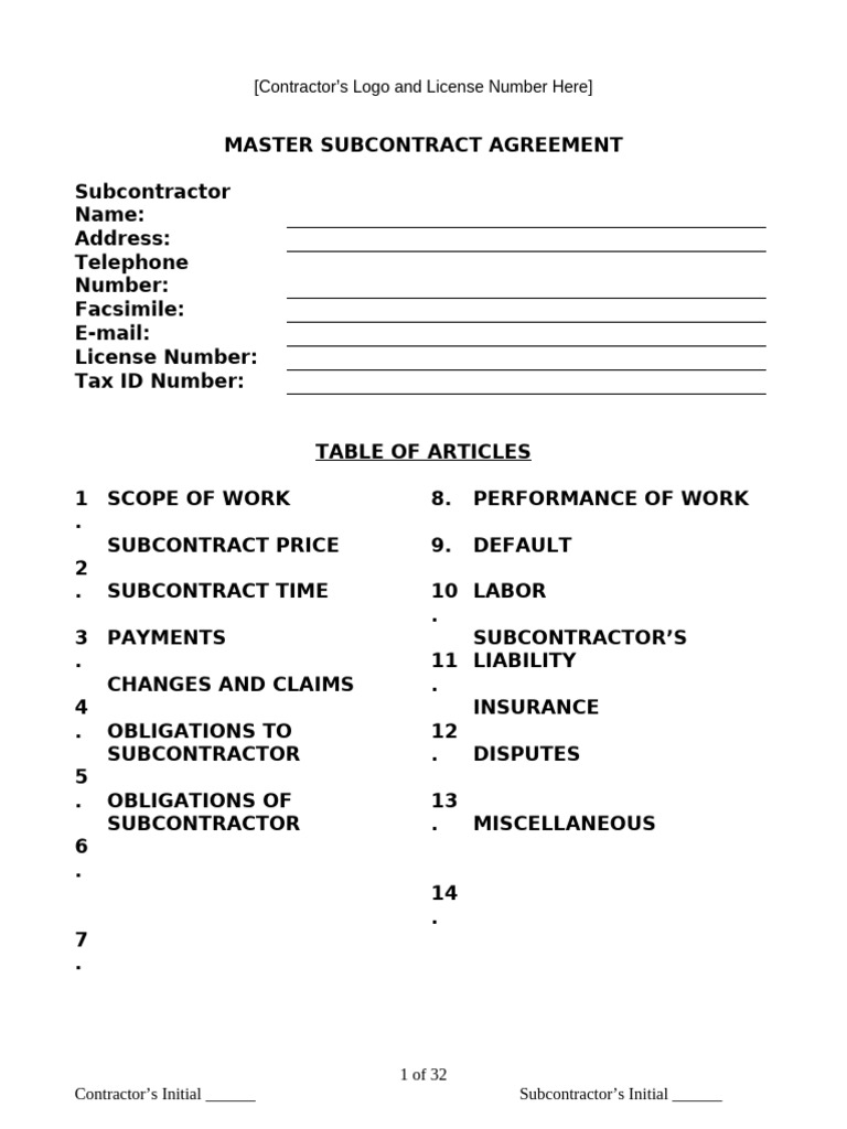 Subcontractor Agreement 12 | PDF | Employment | Subcontractor