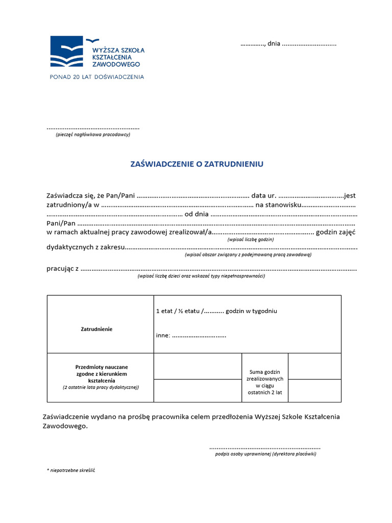 pedagogika_specjalna-zaswiadczenie_o_aktualnym_zatrudnieniu | PDF