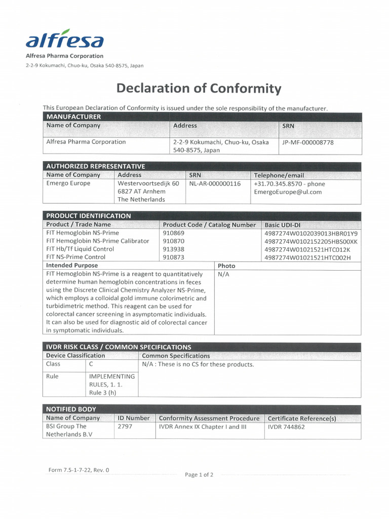 Declaration of Conformity - FIT Hemoglobin NS-Prime - Siged | PDF