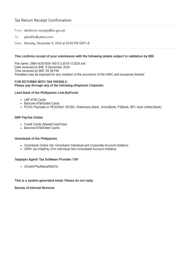 1601C NOV 2024 TORRES Yahoo Mail - Tax Return Receipt Confirmation | PDF