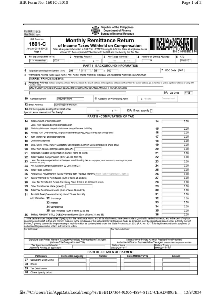 1601C Nov 2024 Torres 1ST Page | PDF | Taxes | Economies