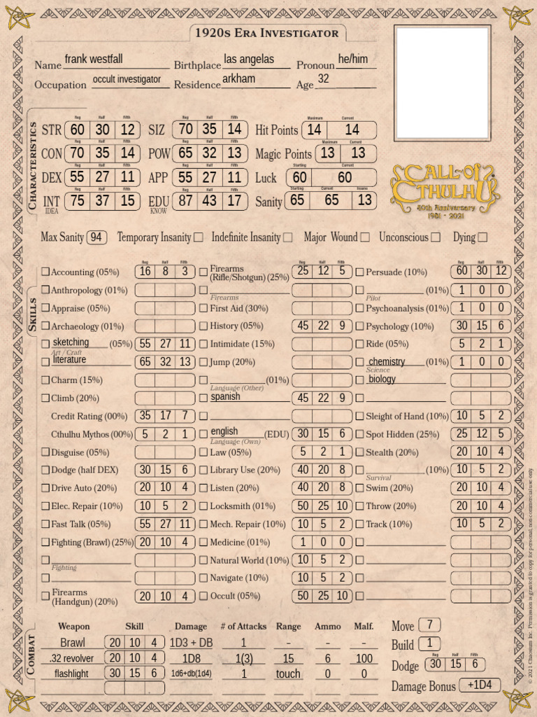 CoC7 PC Sheet - Auto-Fill - 1920s - Standard - Color | PDF