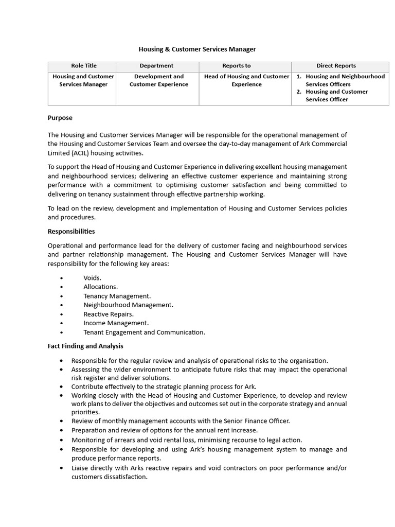 Housing and Customer Services Manager Role | PDF | Customer Experience ...