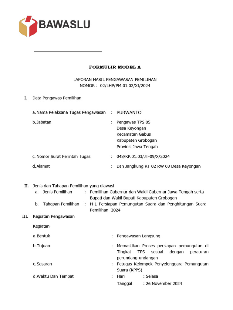 Form A Pengawasan Pilkada 2024 - (H-1 Persiapan Pemungutan & Penghitungan Suara) | PDF