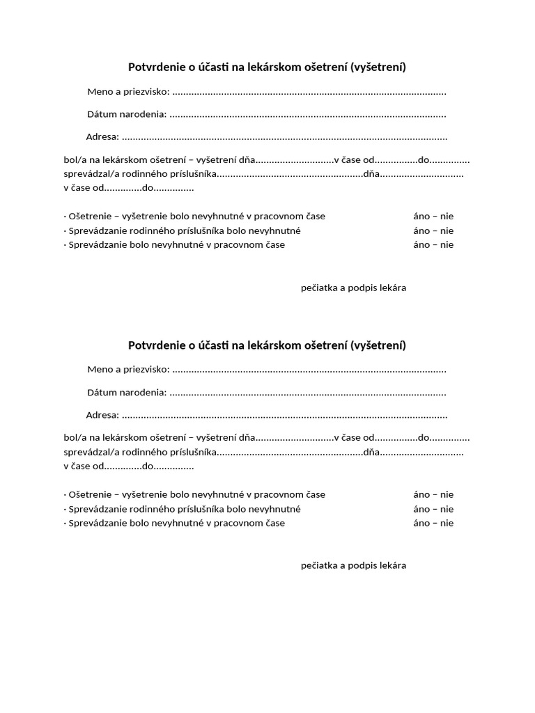 Potvrdenie o Ucasti Na Lekarskom Osetreni | PDF