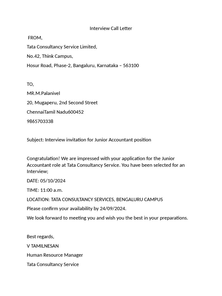 Junior Accountant Interview Invitation | PDF